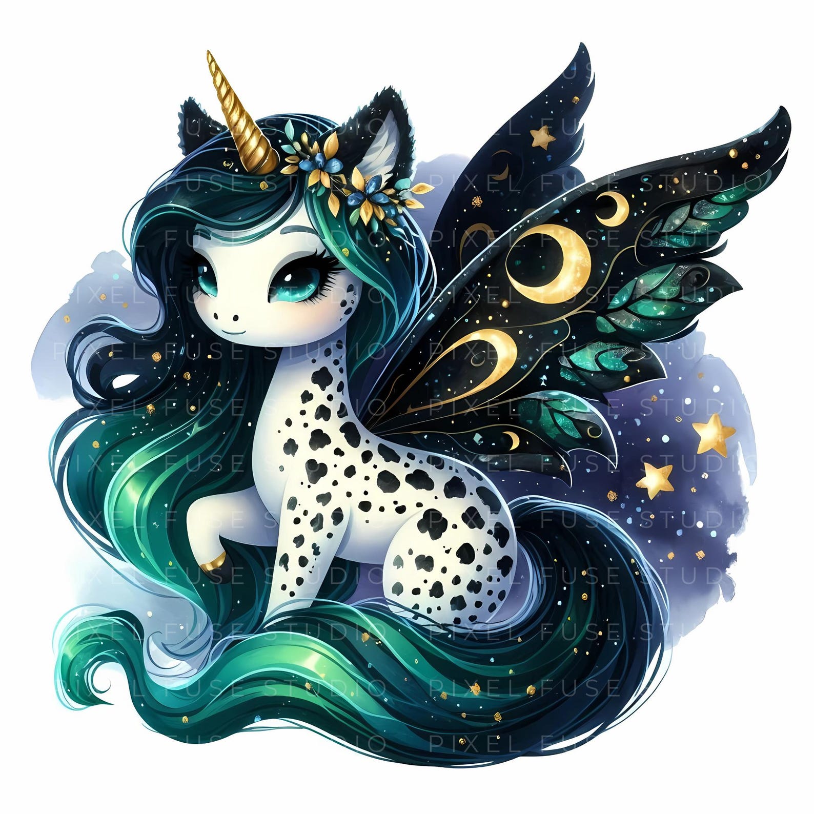 Fairy Leopard Unicorn Clipart JPG, Magical Jungle Pegasus Art, Green ...