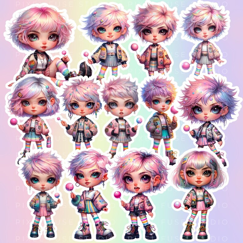 Bubblegum Punk Chibi Girl PNG Clipart Sets Quirky Girl Digital Art High ...