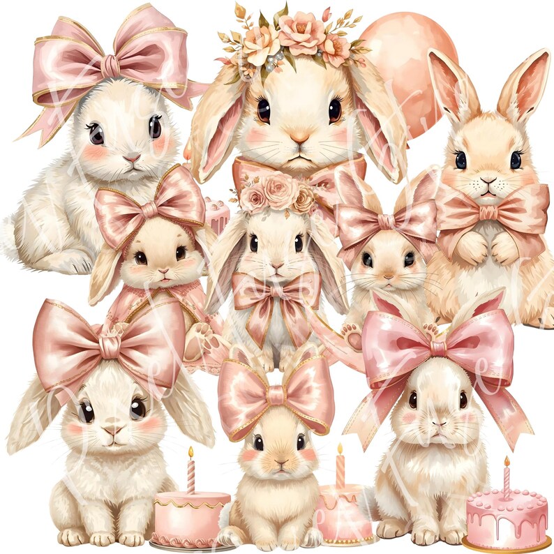 Pink Bunny Numbers PNG Bundle, Cute Rabbit Clipart, Blush Coquette Bow ...