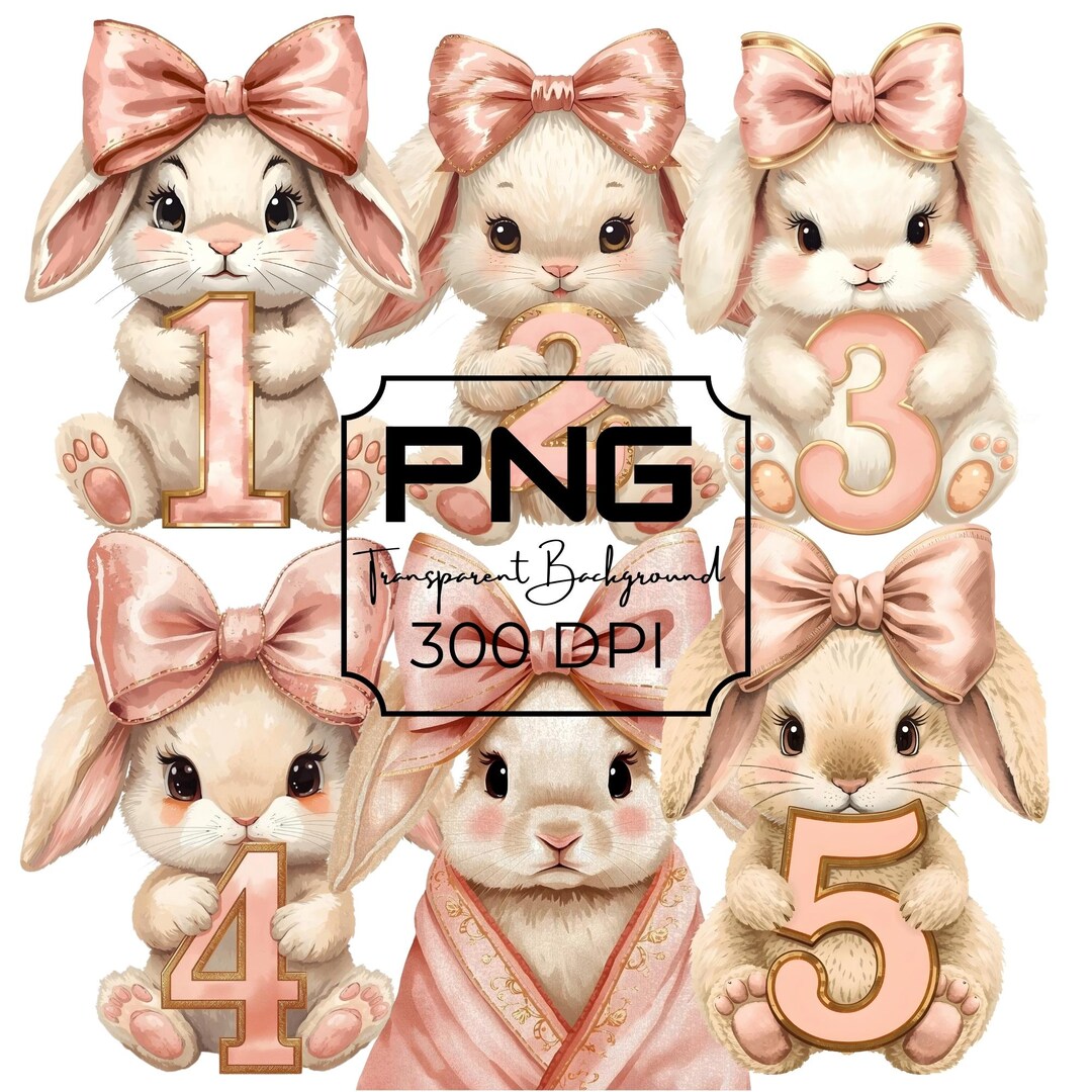 Pink Bunny Numbers PNG Bundle, Cute Rabbit Clipart, Blush Coquette Bow ...