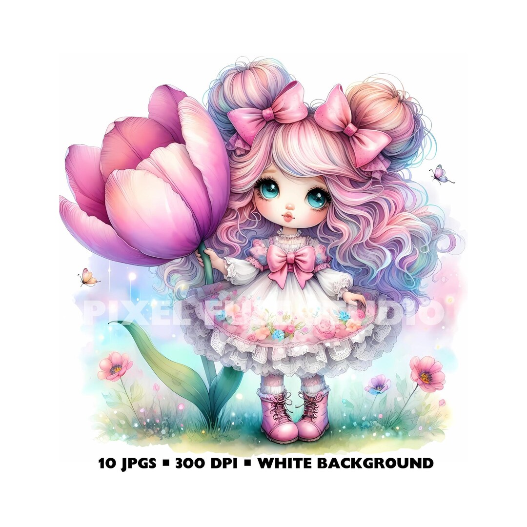 Cute Chibi Girl With Tulip Pastel Watercolor Clipart for Junk Journals ...