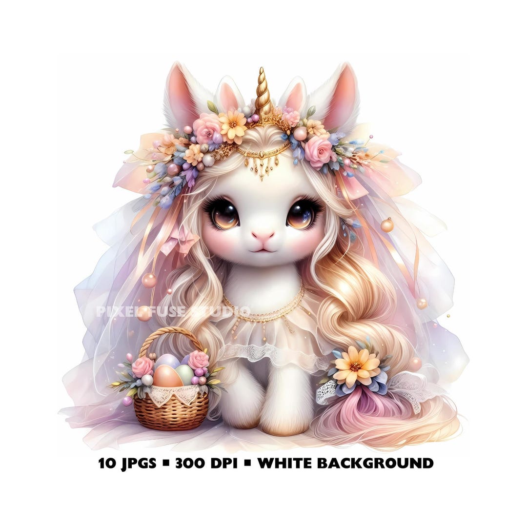 Watercolor Easter Bunny Unicorn Clipart Cute Pastel Fantasy Princess ...