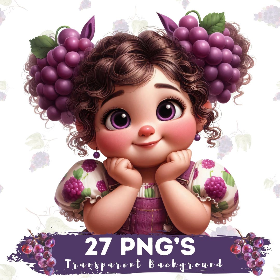 Grapes Girl PNG Clipart Set, Cute Chibi Girl Clip Art, Kawaii Summer ...