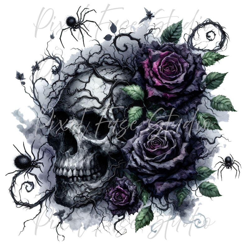 Gothic Skull & Black Roses PNG Clipart, Dark Floral Skull Art ...