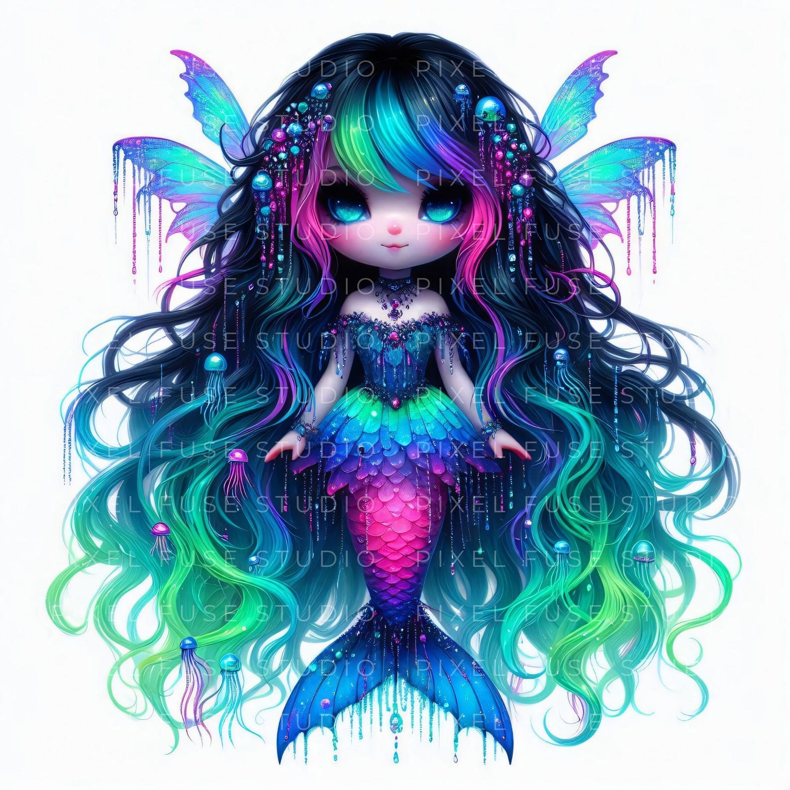 Pastel Goth Mermaid Clipart Chibi Ocean Girl Fantasy Sea Creature Art ...