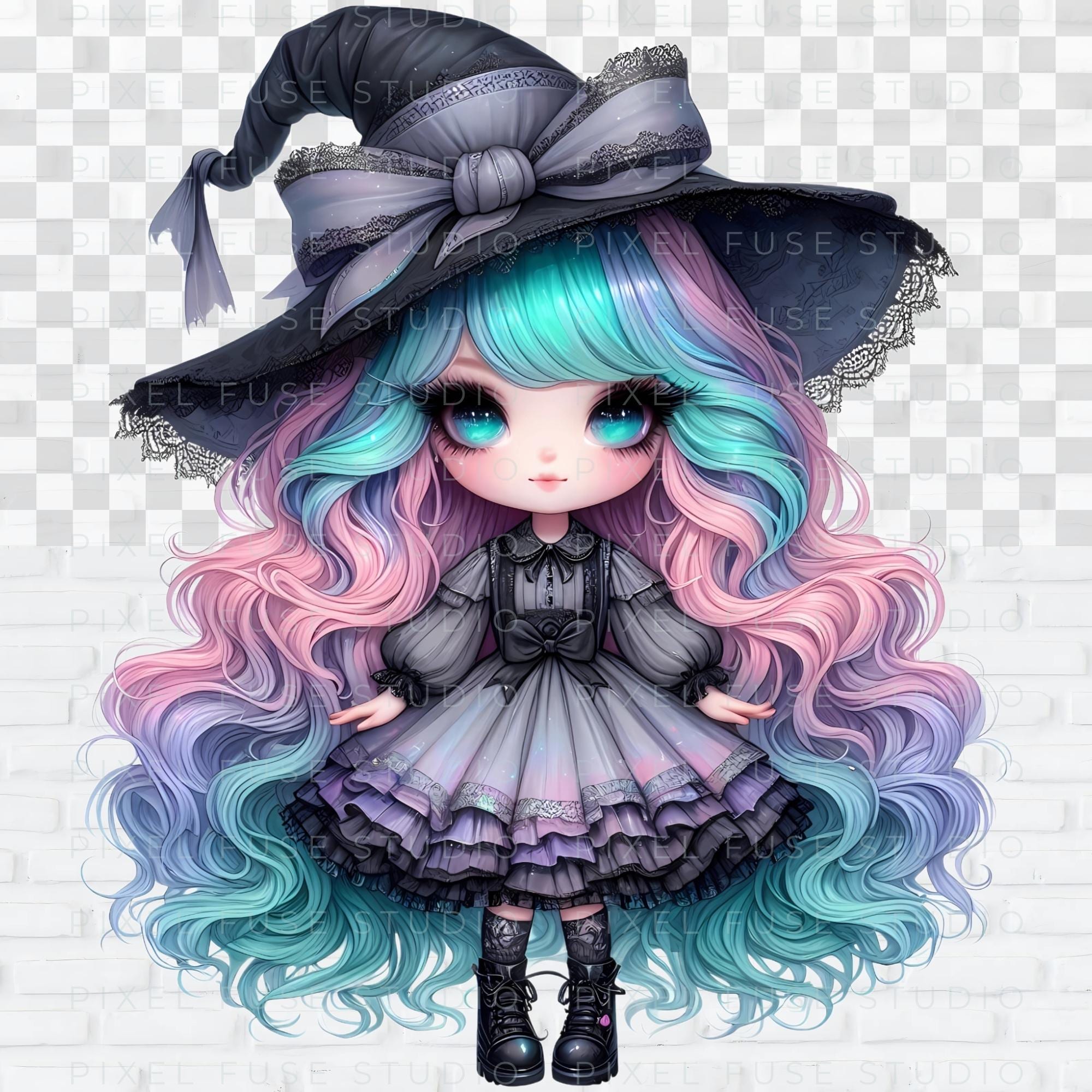 Cute Chibi Witch Clipart, Pastel Watercolor PNG, Kawaii Girl Digital ...