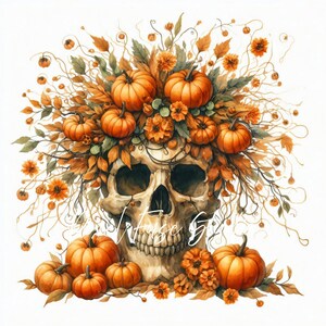 Skull Pumpkin Floral Clipart Set, Halloween Autumn JPG Bundle ...