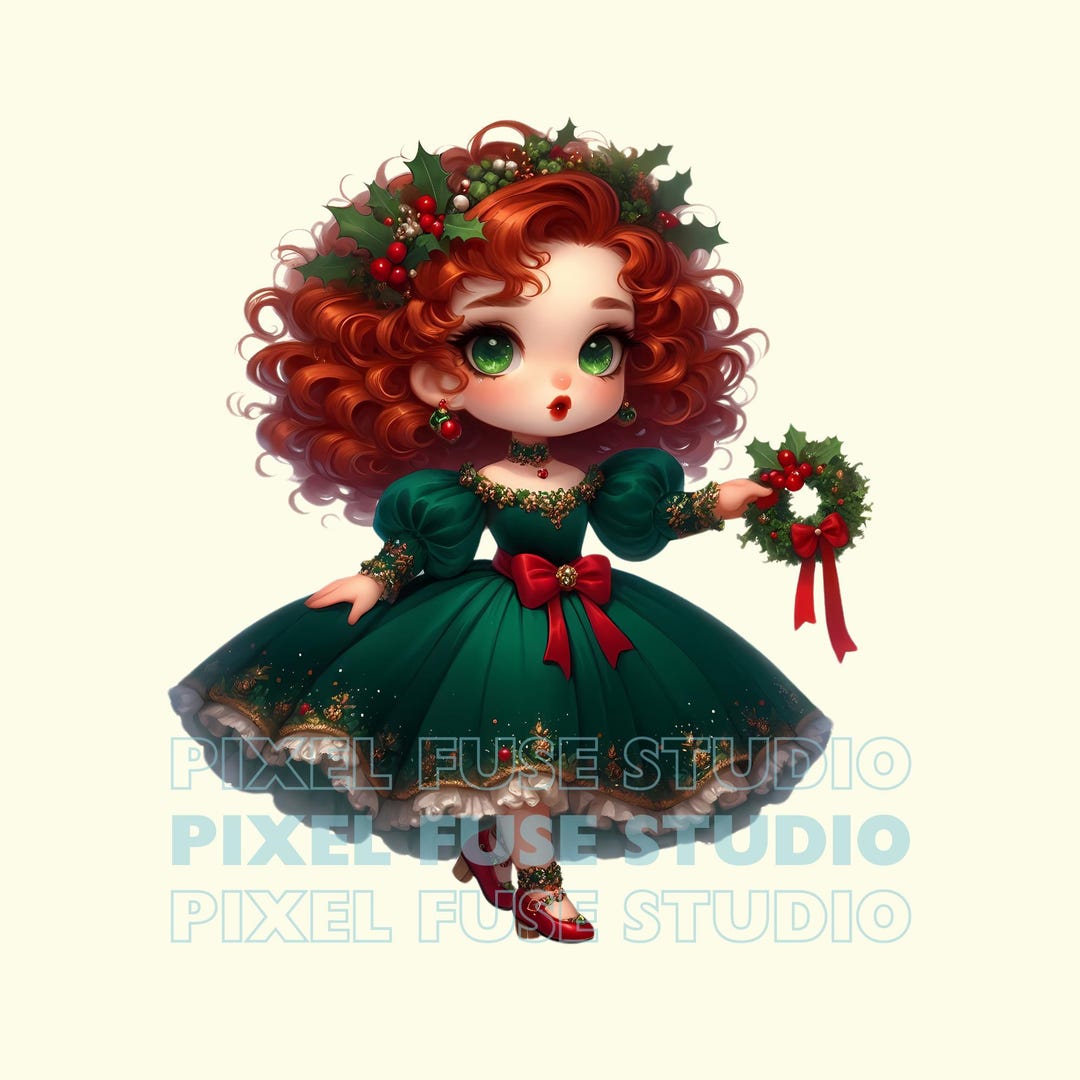 Christmas Chibi Girl With Holly Wreath, Holiday Png, Digital Download ...