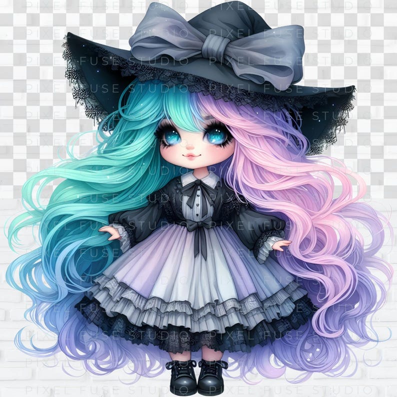 Cute Chibi Witch Clipart, Pastel Watercolor PNG, Kawaii Girl Digital ...