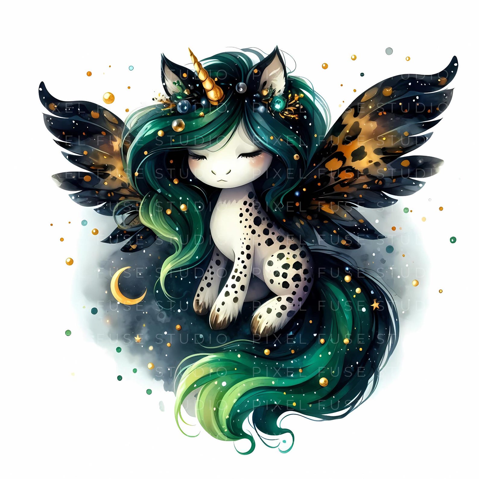 Fairy Leopard Unicorn Clipart JPG, Magical Jungle Pegasus Art, Green ...