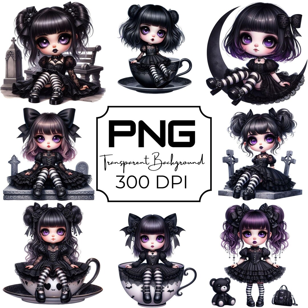 Gothic Chibi Girl PNG, Cute Dark Aesthetic Clipart, Teacup Doll Art ...