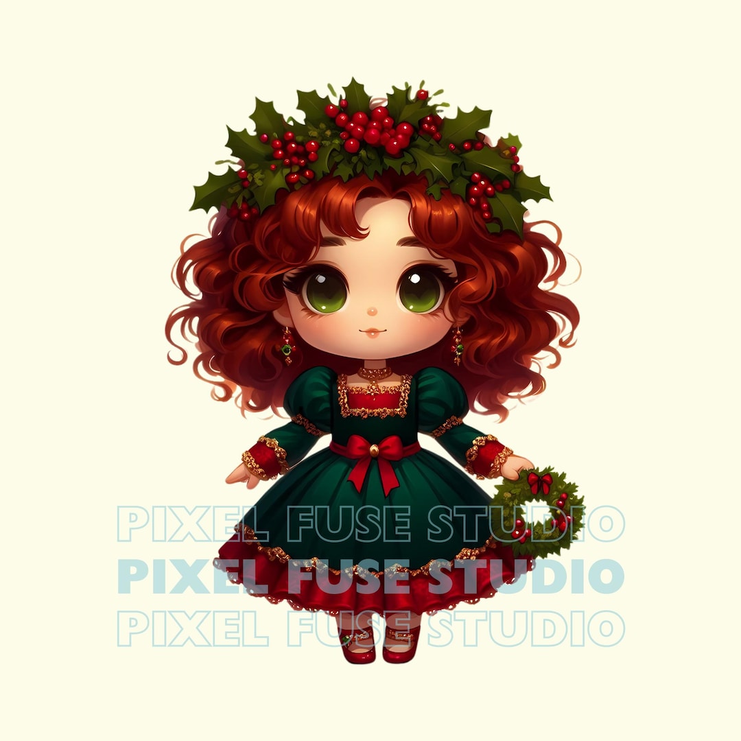 Christmas Chibi Girl With Holly Wreath, Holiday Png, Digital Download ...