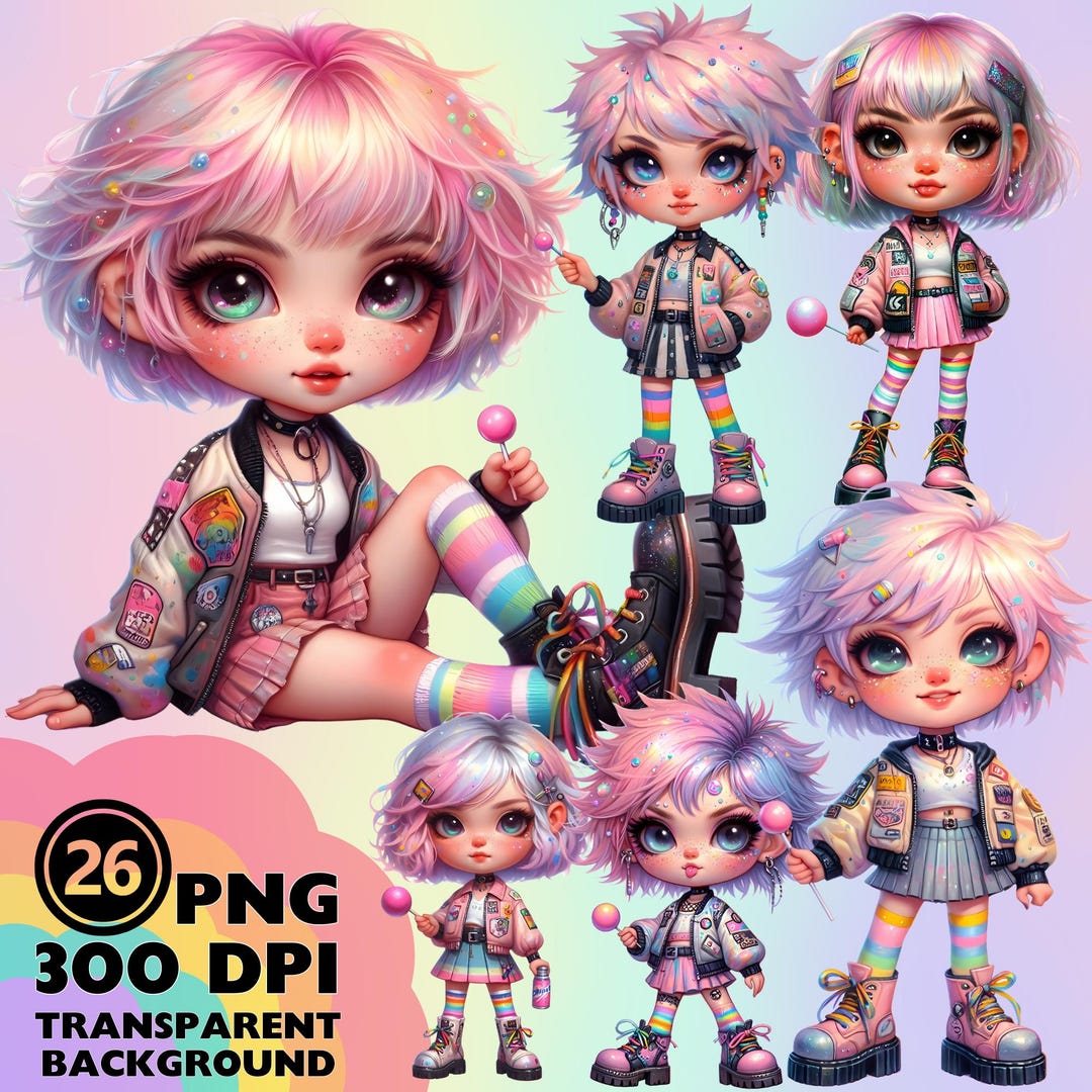 Bubblegum Punk Chibi Girl PNG Clipart Sets Quirky Girl Digital Art High ...