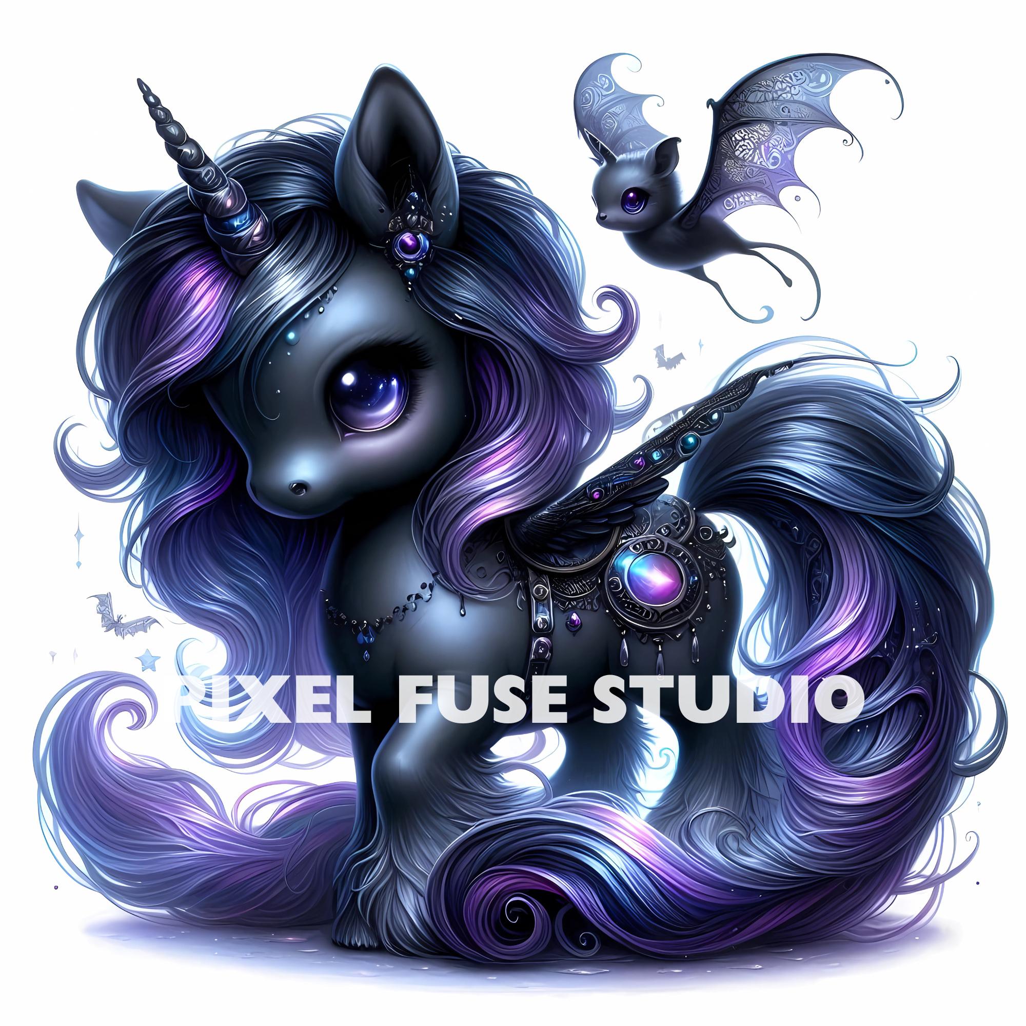 Purple Black Unicorns Clipart Set, Cute Gothic Horse, Mystical Fantasy ...