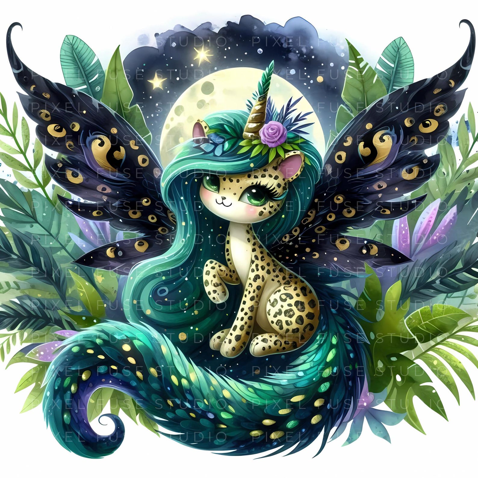 Fairy Leopard Unicorn Clipart JPG, Magical Jungle Pegasus Art, Green ...