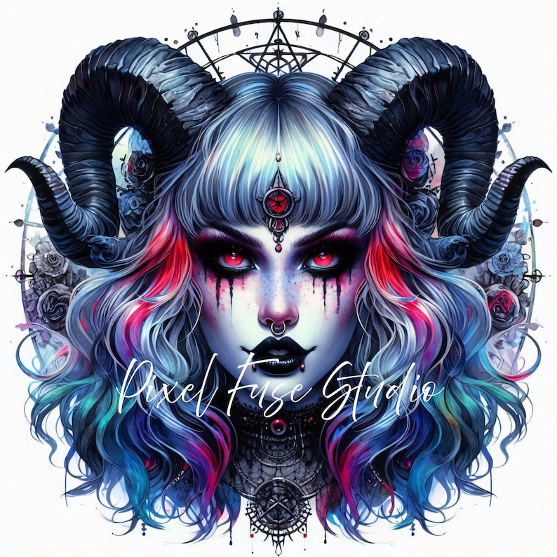 Gothic Demon Girl Clipart, Dark Witch Digital Art, Fantasy Horned Woman ...