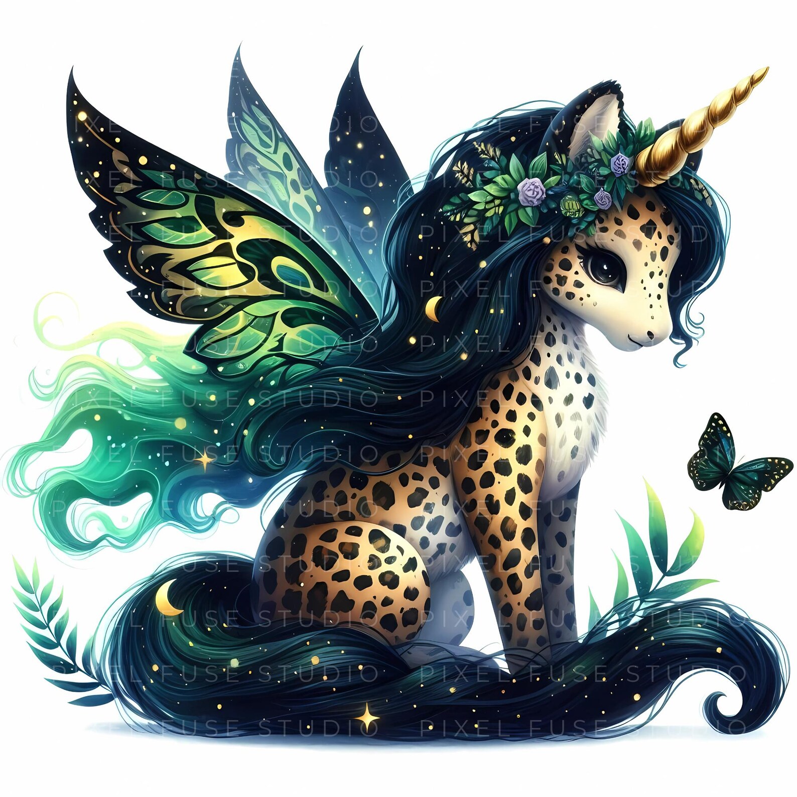 Fairy Leopard Unicorn Clipart JPG, Magical Jungle Pegasus Art, Green ...