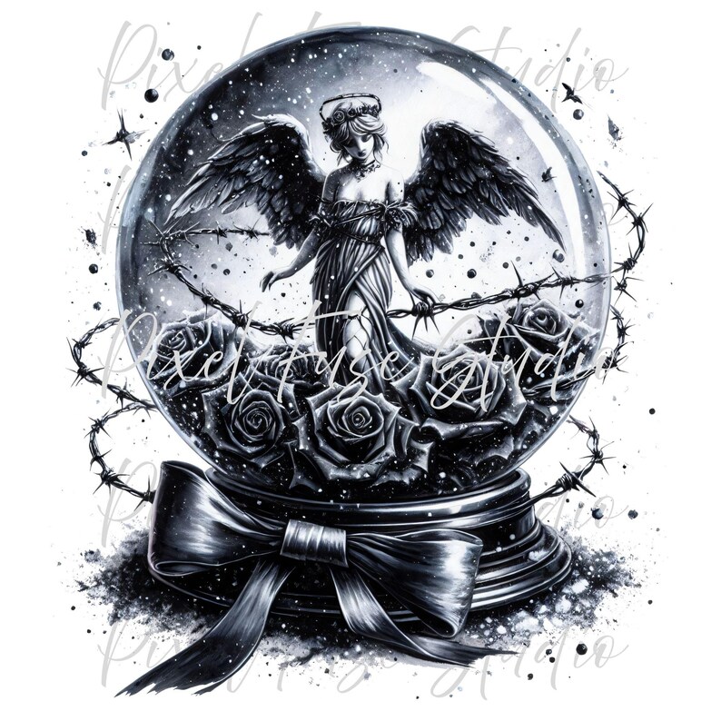 Gothic Angel Snow Globe Clipart PNG Bundle, Dark Winter Rose Art, High ...