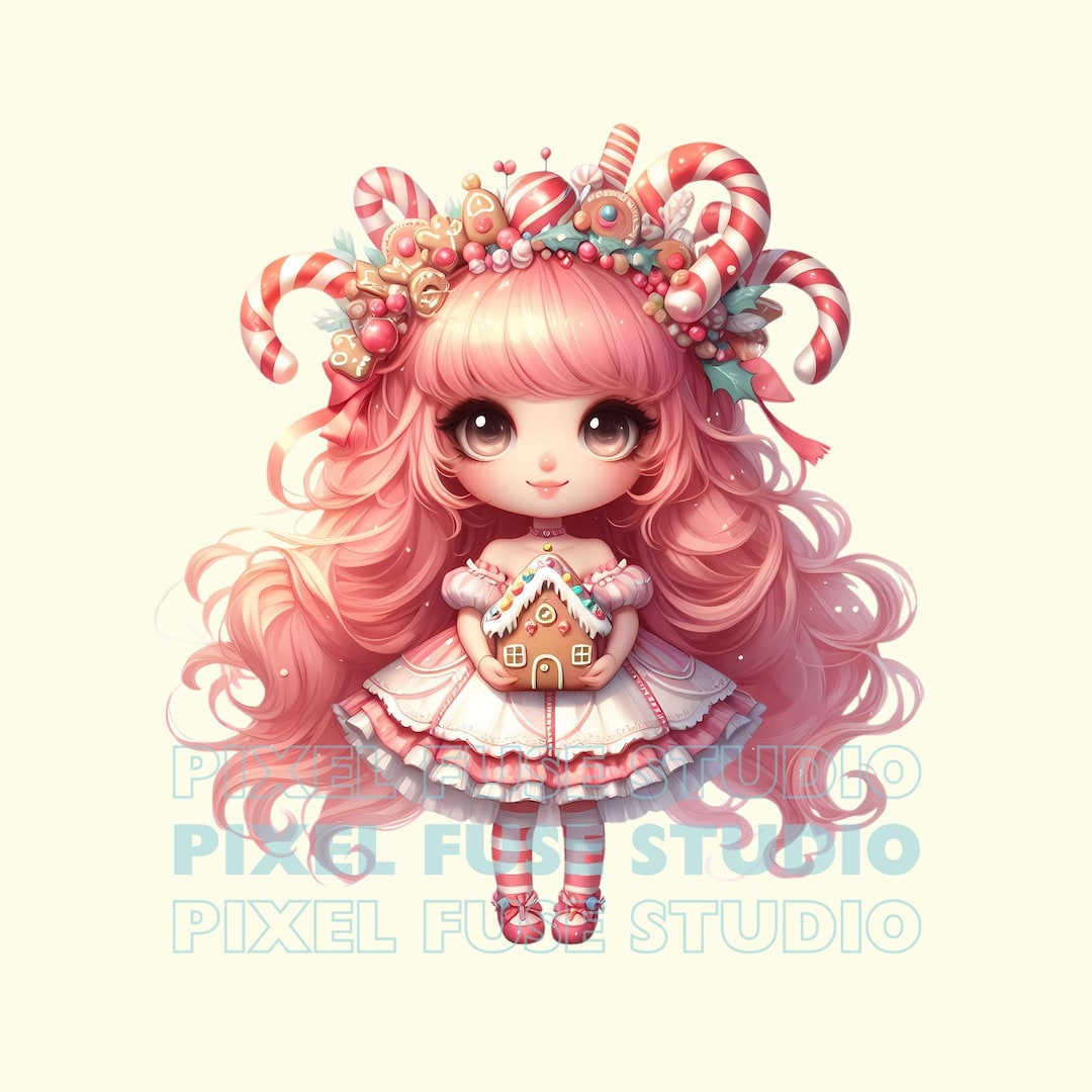 Chibi Christmas Girl With Gingerbread House, Kawaii Holiday Art, Cute ...