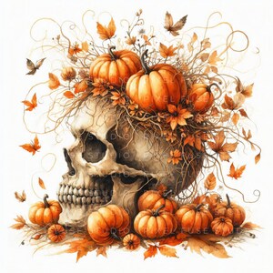 Skull Pumpkin Floral Clipart Set, Halloween Autumn JPG Bundle ...