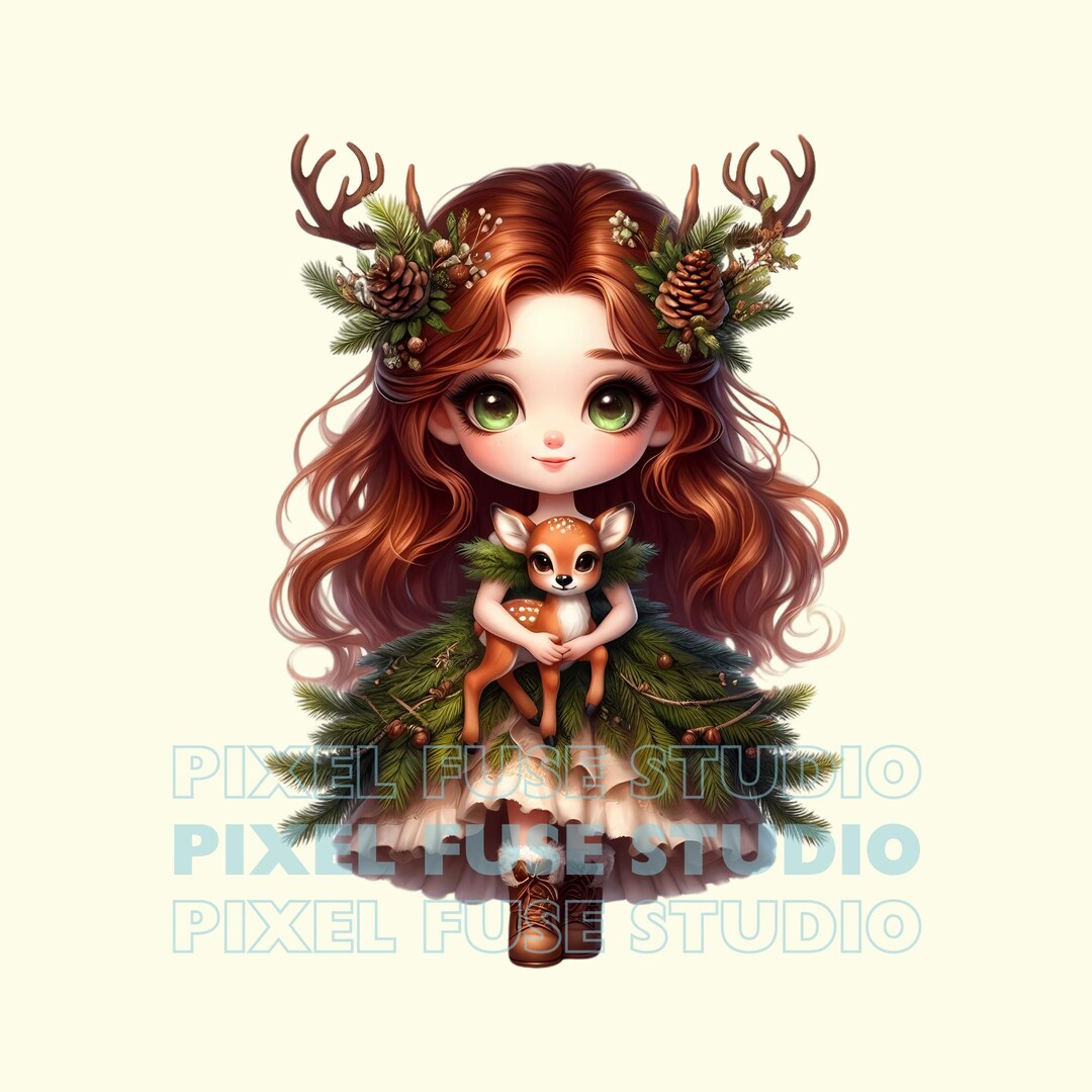Woodland Chibi Girl With Deer, Kawaii Antler Art, Cute Digital Download ...