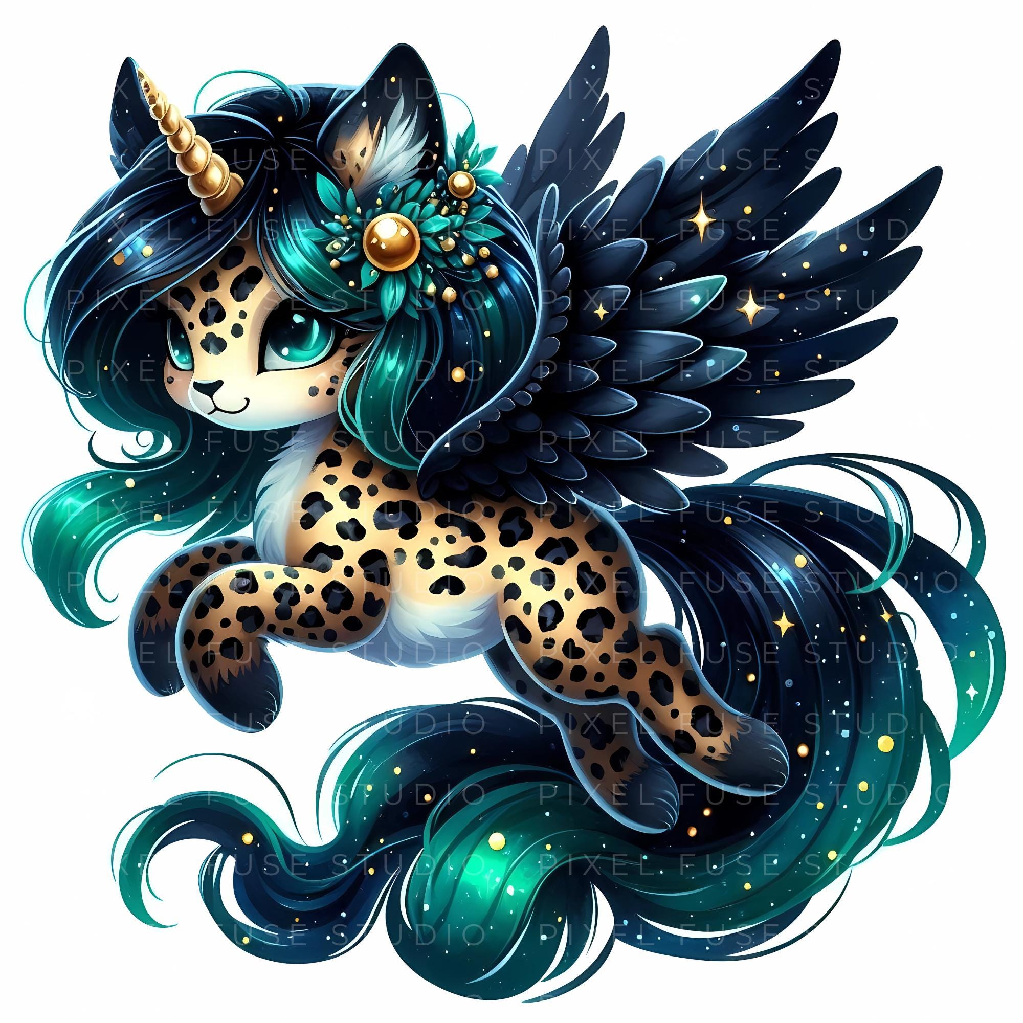 Fairy Leopard Unicorn Clipart JPG, Magical Jungle Pegasus Art, Green ...