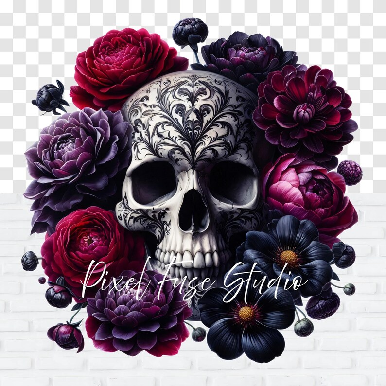 Floral Skull PNG Clipart, Gothic Fantasy Clip Art, Black Halloween ...