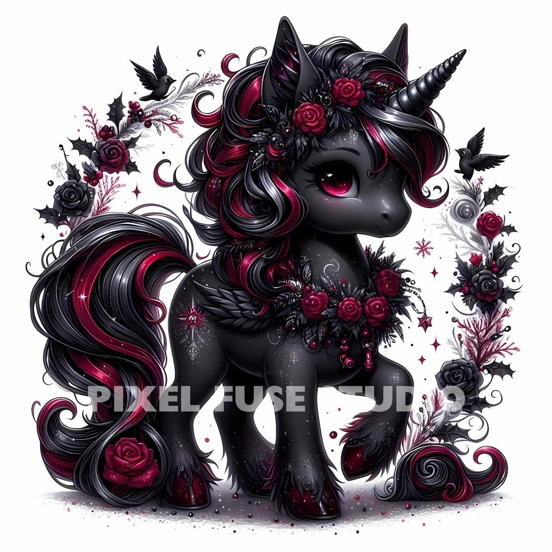 Black Unicorn Clipart Set Gothic Christmas Dark Fantasy Cute Horse Art ...