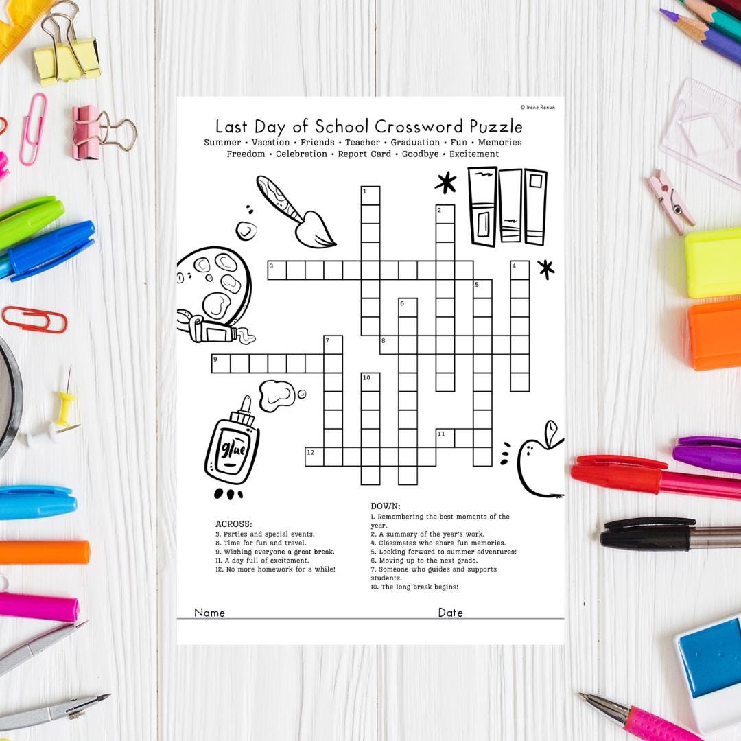 Last Day of School Crossword Puzzle: Printable Classroom Activity (PDF ...