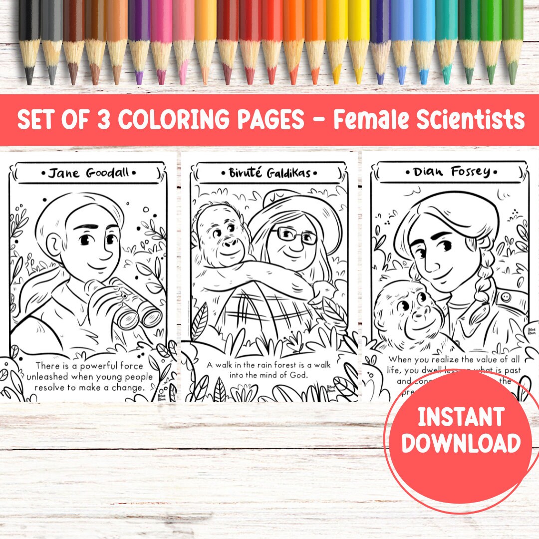 Women in Science Coloring Page Dian Fossey, Jane Goodall, Biruté ...