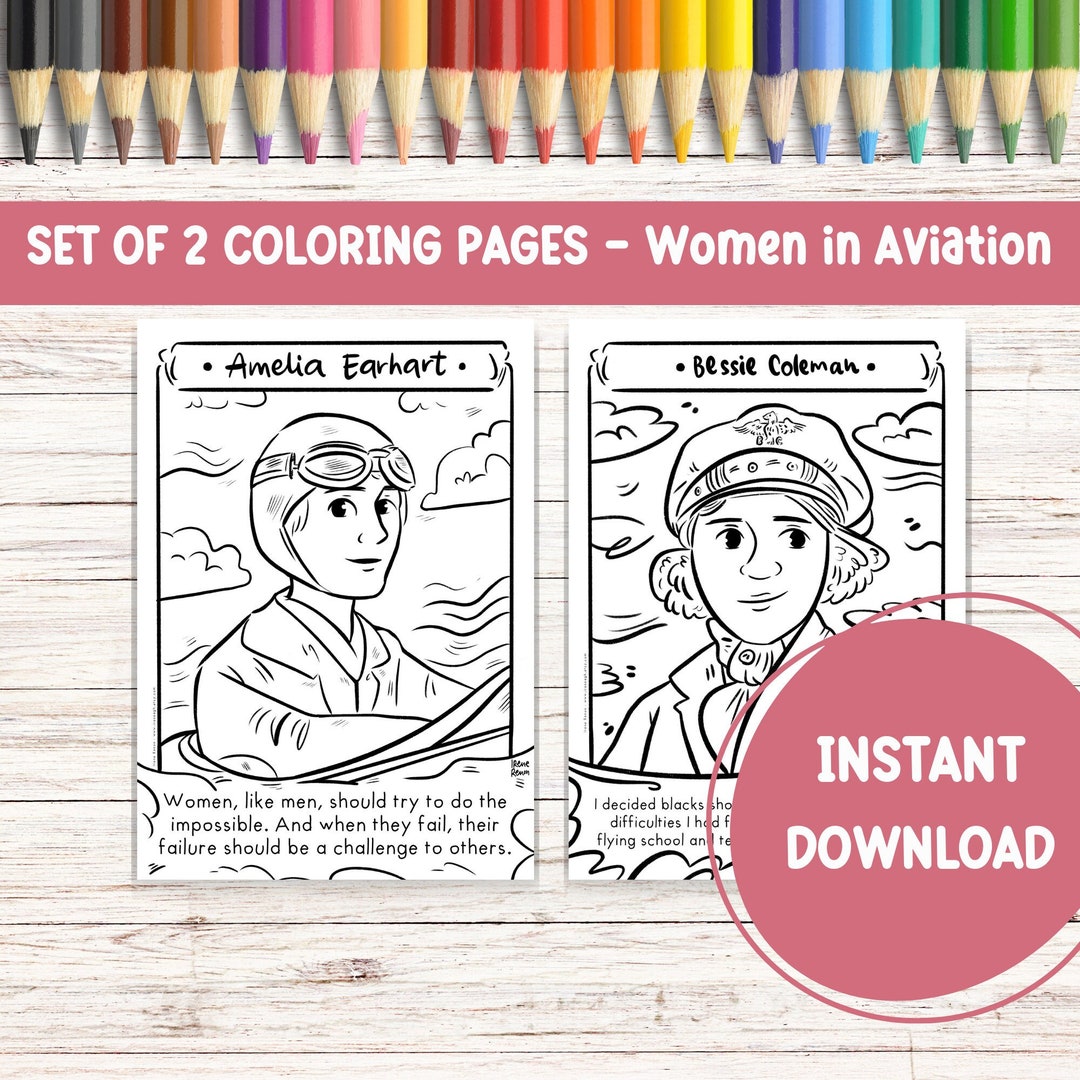 Printable Coloring Page Women History Month Amelia Earhart - Etsy