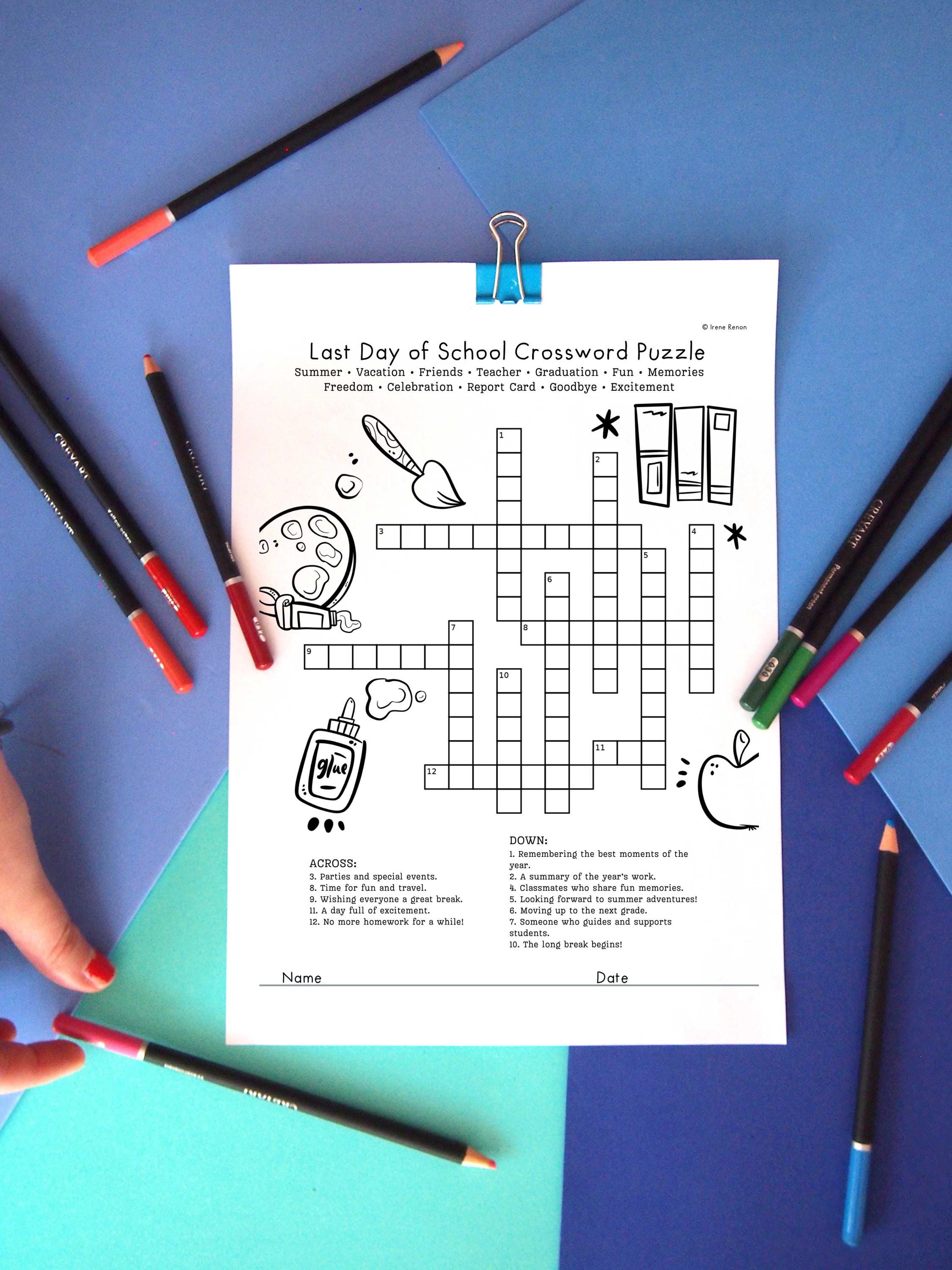Last Day of School Crossword Puzzle: Printable Classroom Activity (PDF ...