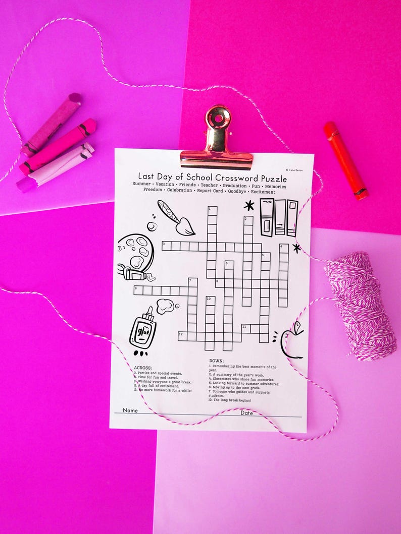 Last Day of School Crossword Puzzle: Printable Classroom Activity (PDF ...