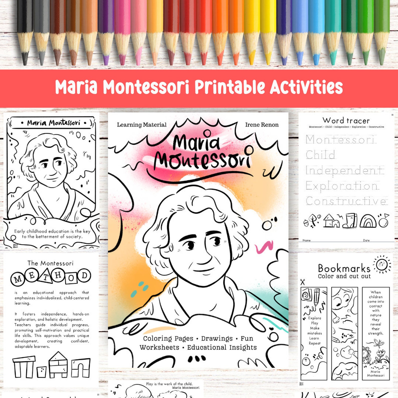 Maria Montessori Printable Coloring Pages & Activities (digital ...