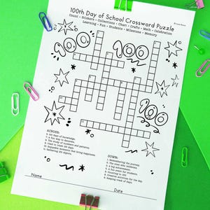 100th Day of School Crossword Puzzle: Fun Printable Activity (PDF) - Etsy