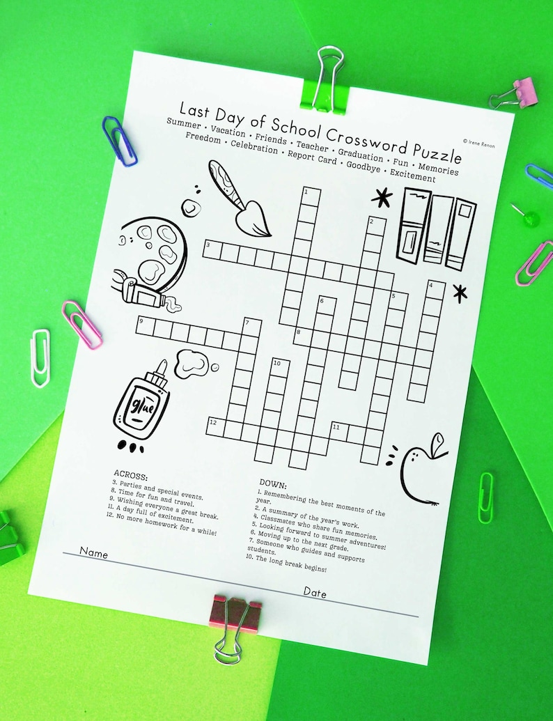 Last Day of School Crossword Puzzle: Printable Classroom Activity (PDF ...