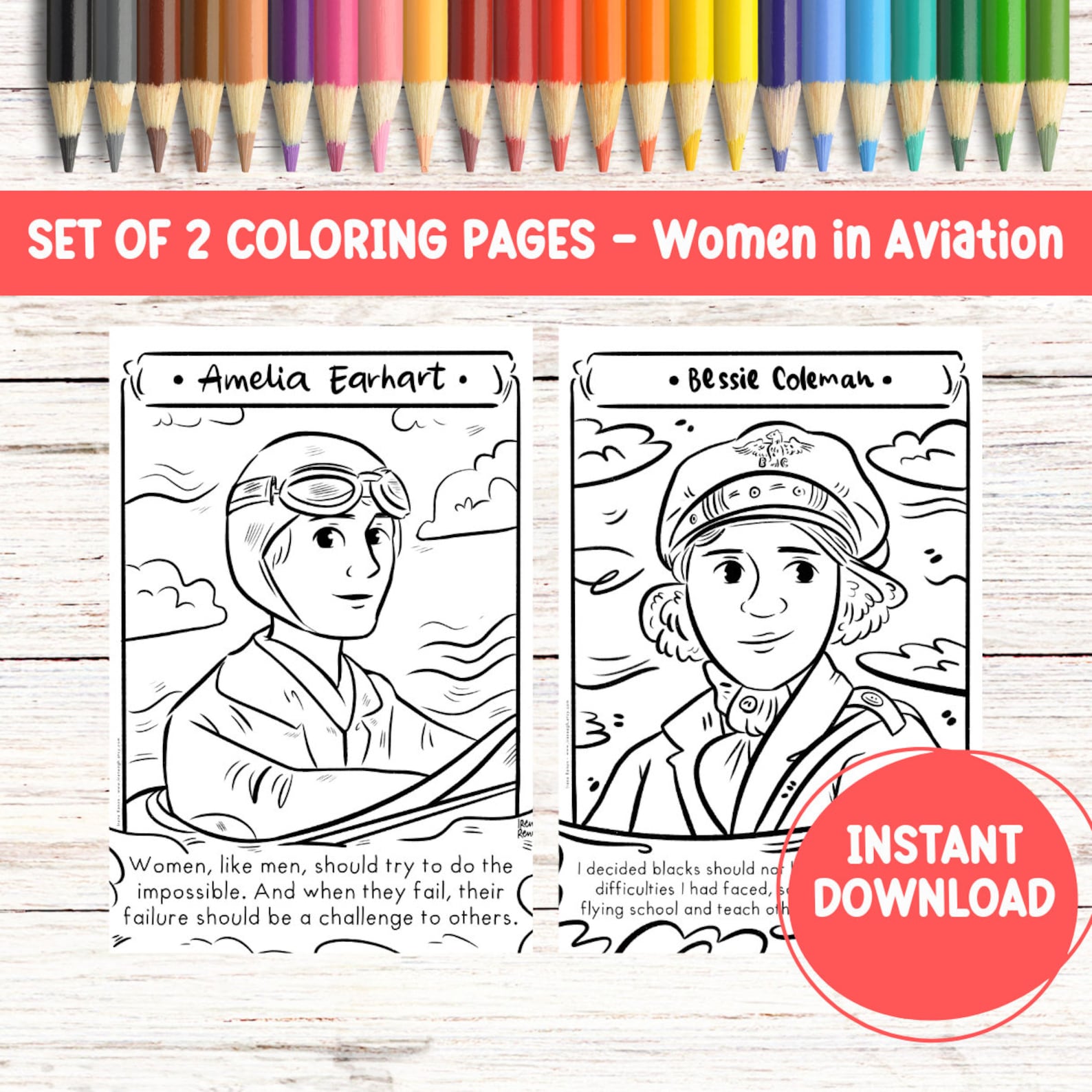 Amelia Earhart & Bessie Coleman Coloring Pages (digital Download) - Etsy