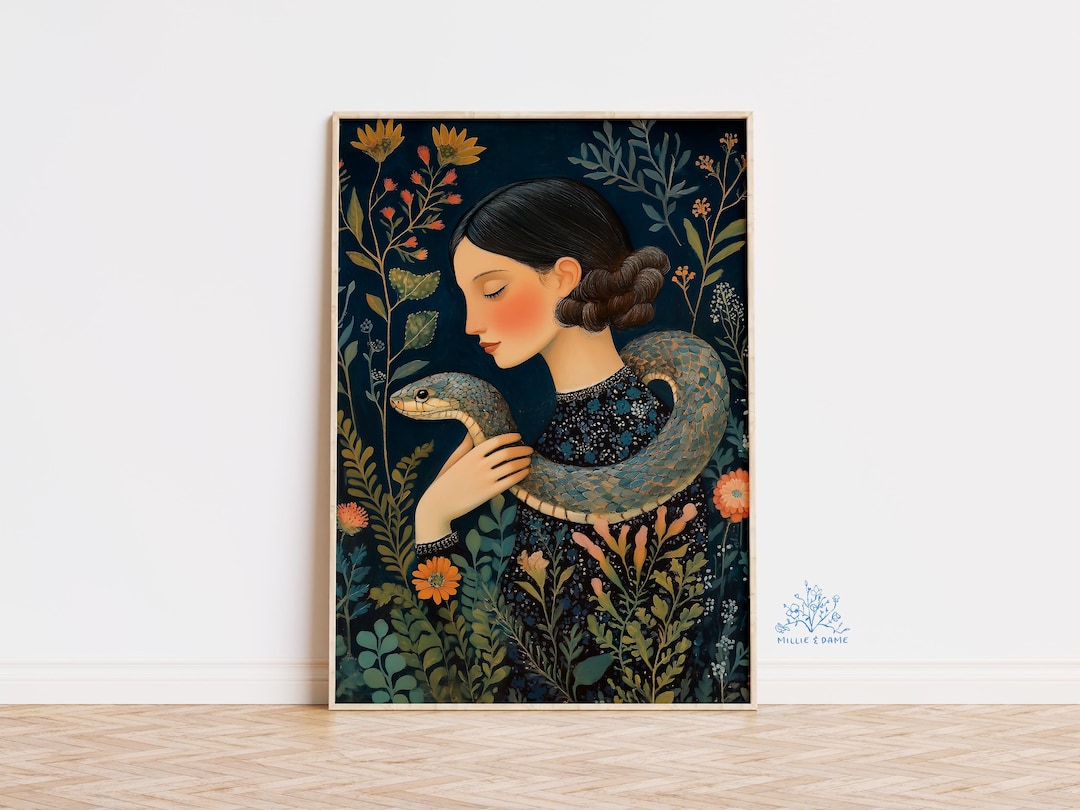 Snake Wall Art Print, Woman and Serpent Artwork, Mystical Botanical ...