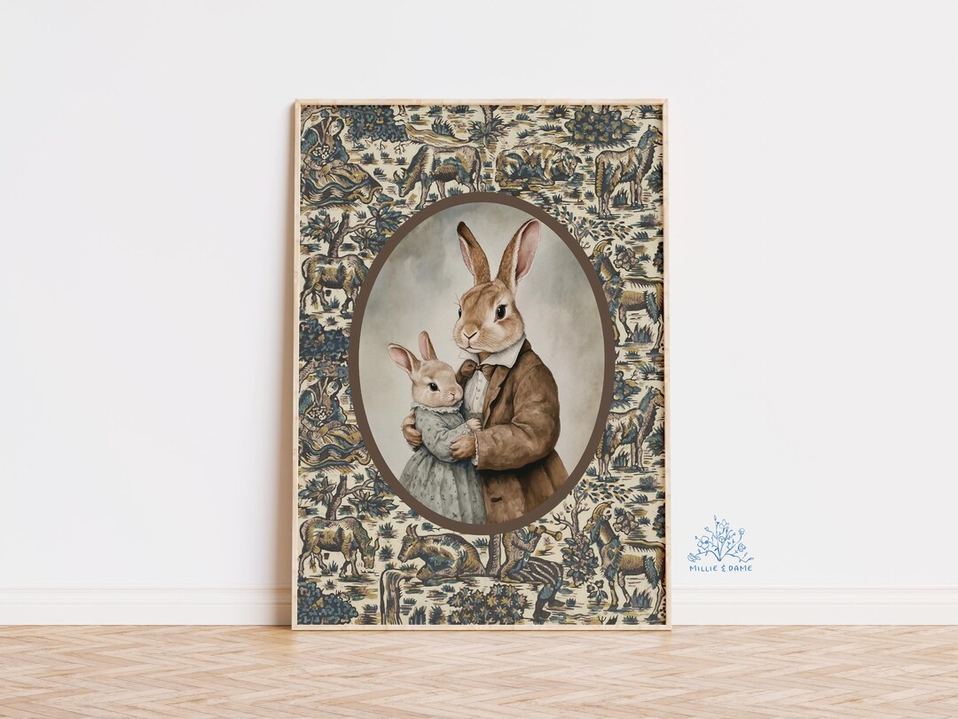 Rabbit Art Print Vintage Style Nursery Wall Art Dad and Baby Rabbit ...