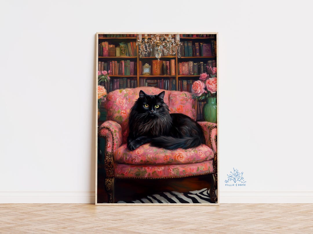 Black Cat Library Art Print: Whimsical Dark Academia Wall Decor - Etsy