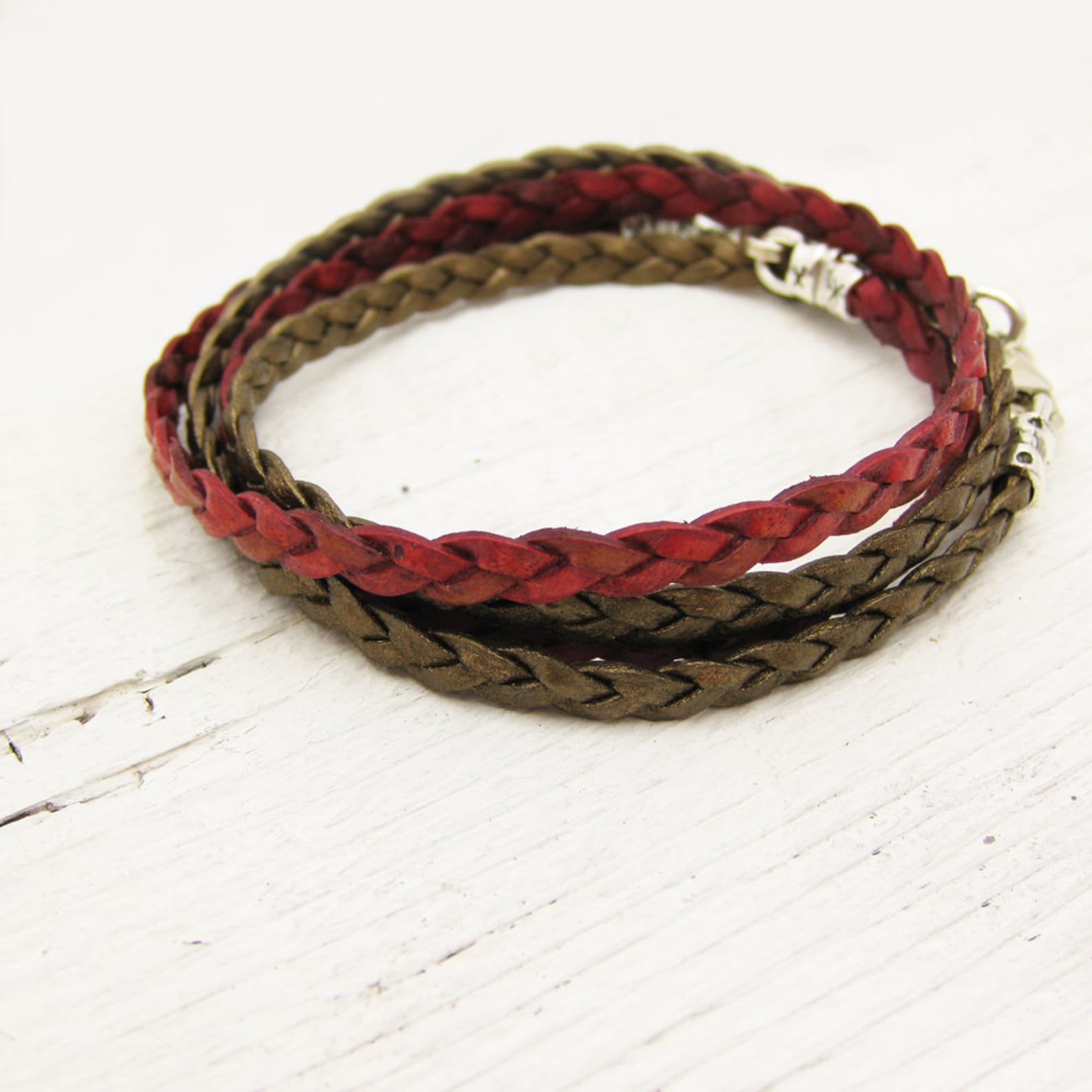 Red Braided Leather Wrap Bracelet With Solid Sterling Silver: Bangle ...