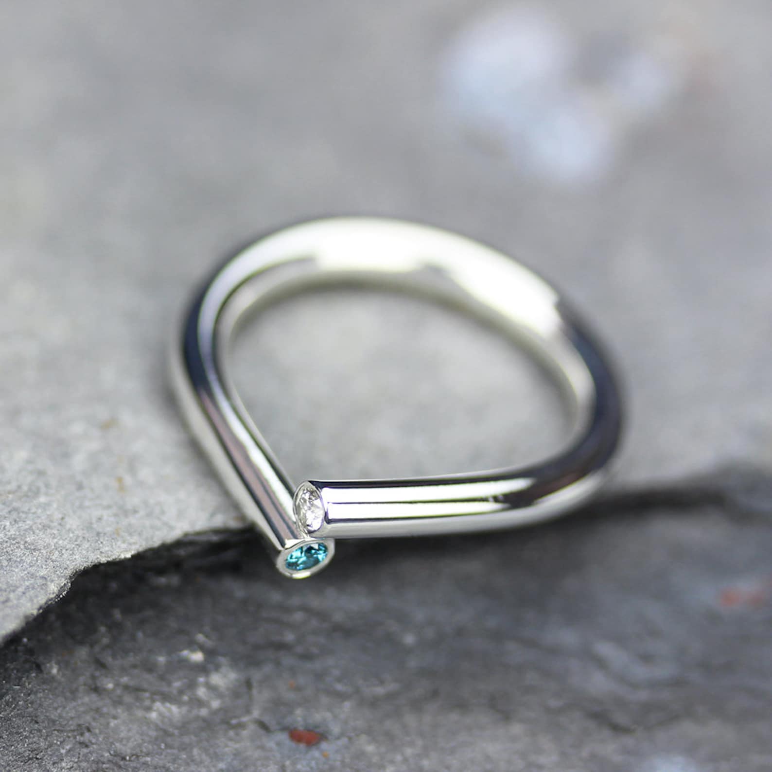 Diamond Ring, 14K Gold Raindrop Ring / Stacking Diamond Ring, Blue ...