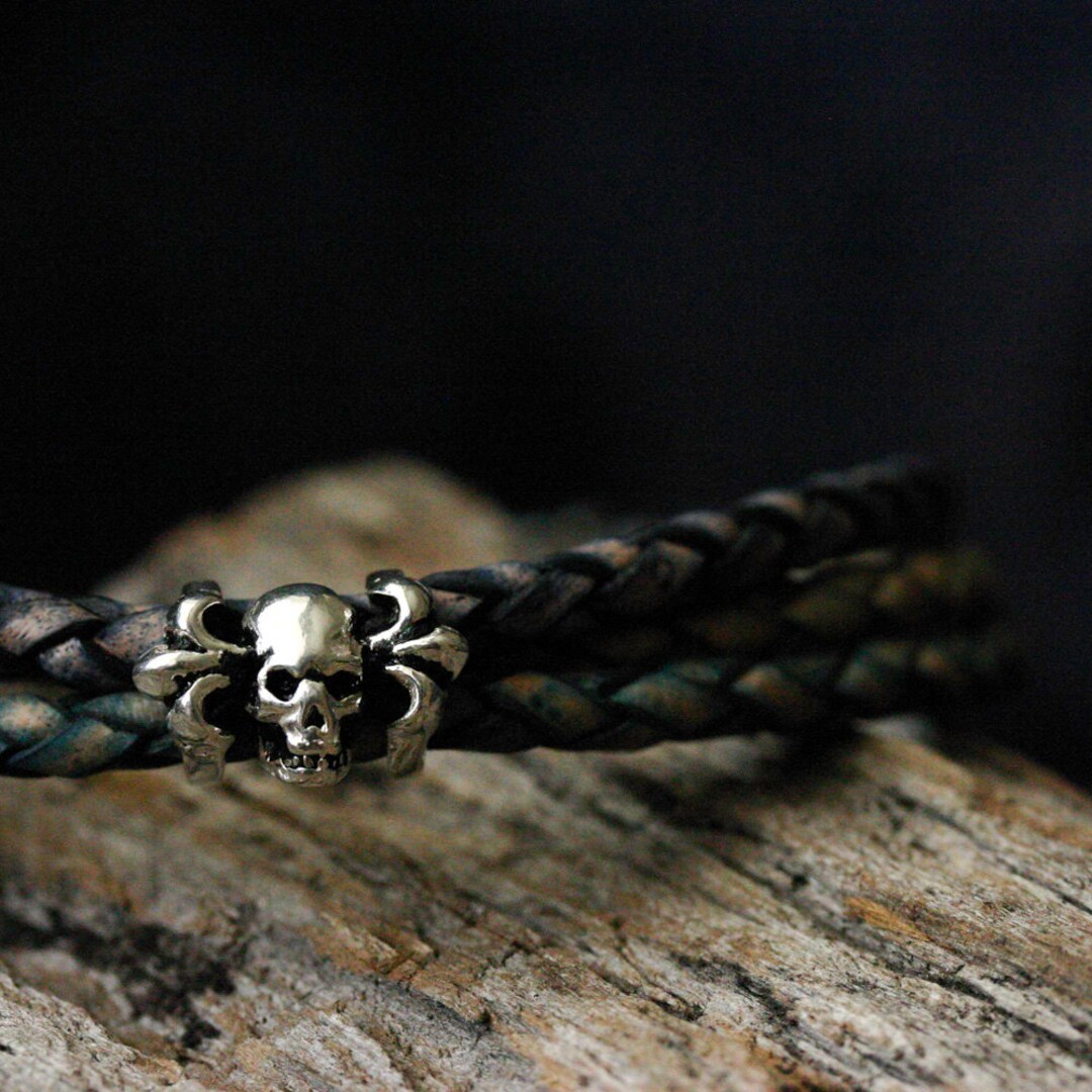 Leather Skull Head Unisex Bangle Bracelet, Sterling Silver Braided Bolo ...
