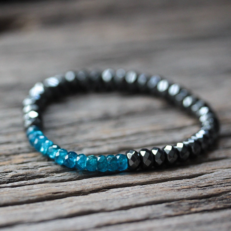 Neon Blue Apatite Hematite Stacking Bracelet / Beaded Beadwork Bracelet ...