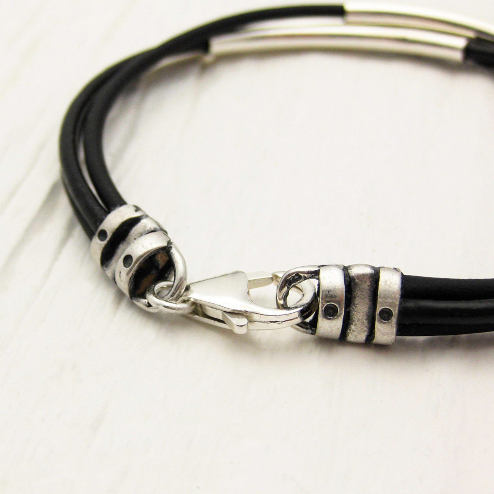 Unisex Black Leather Sterling Silver Bracelet Eco Friendly Etsy