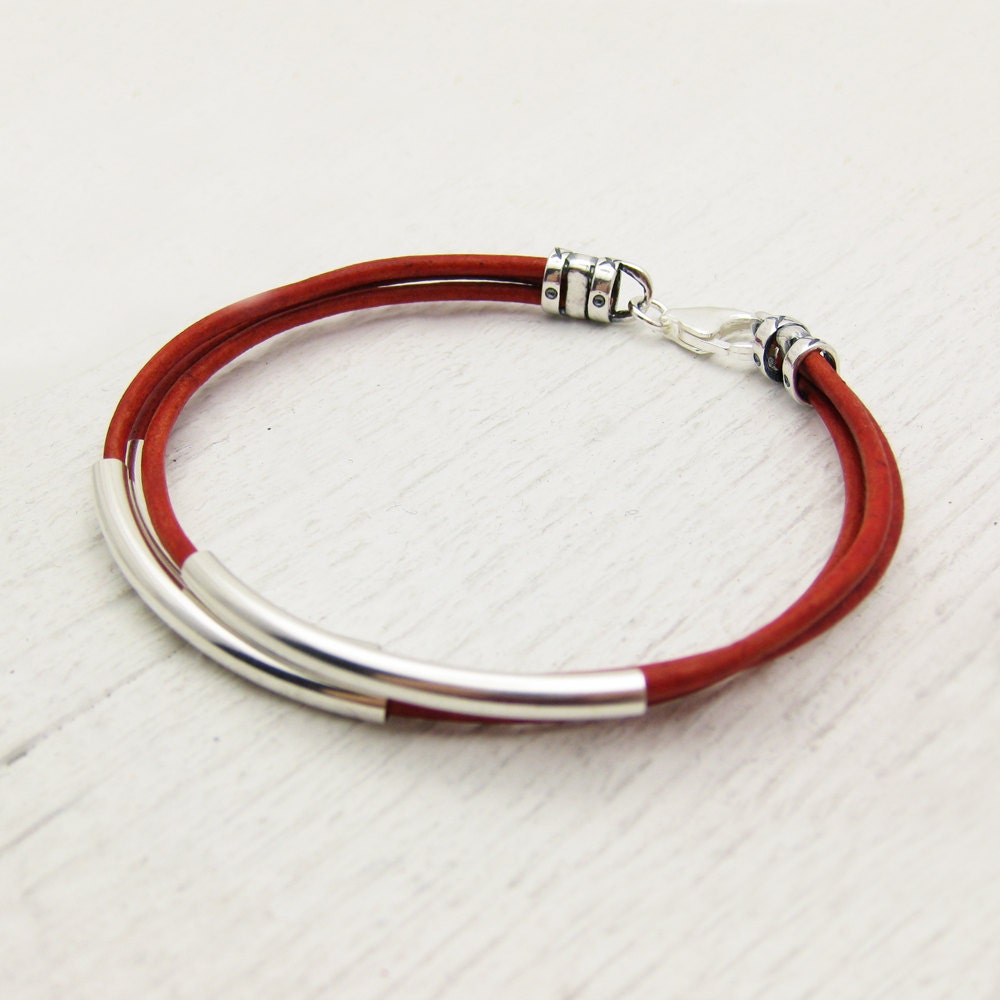 Red Leather Bangle Bracelet Solid Sterling Silver Tubes Berry - Etsy