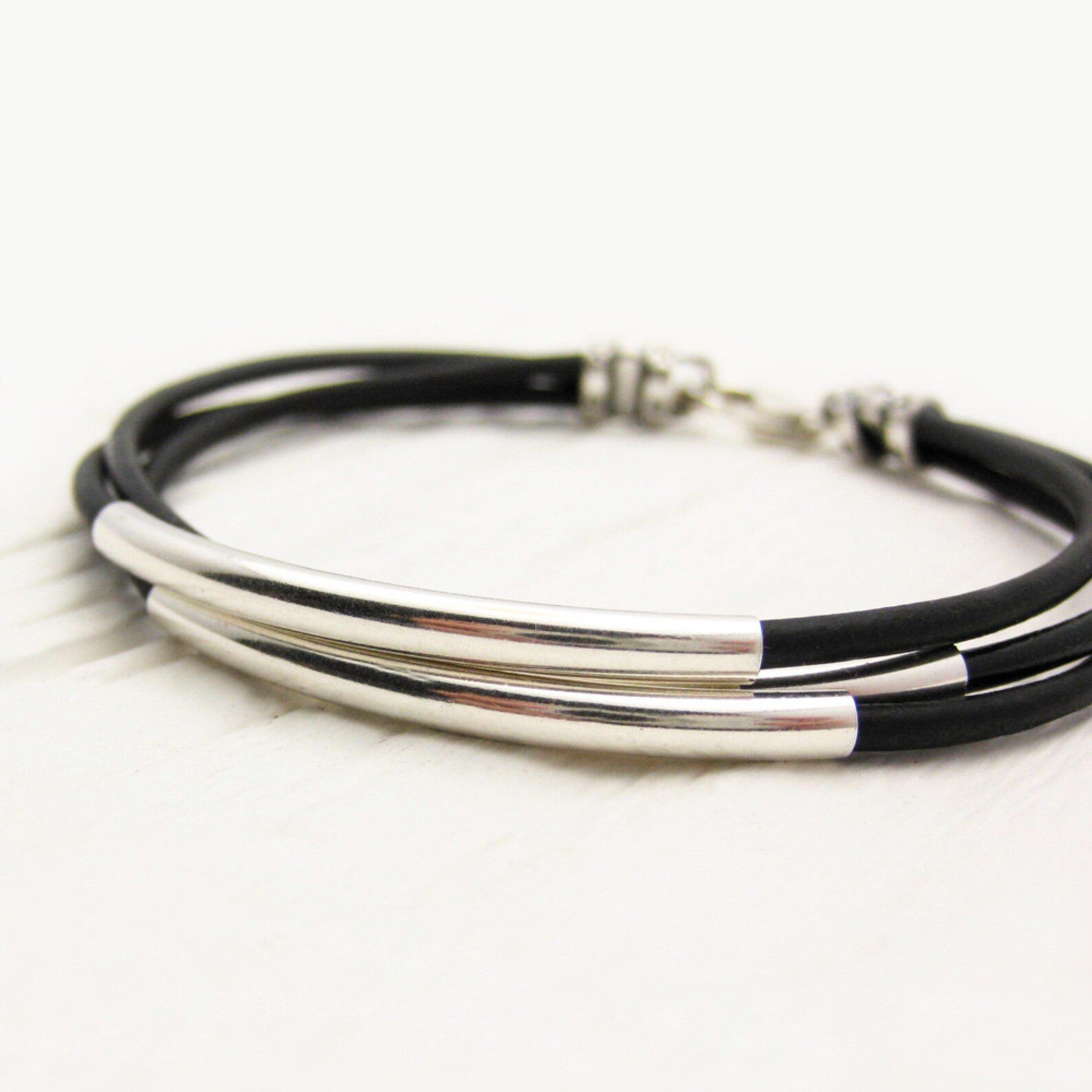 Unisex Black Leather Sterling Silver Bracelet Eco Friendly Etsy