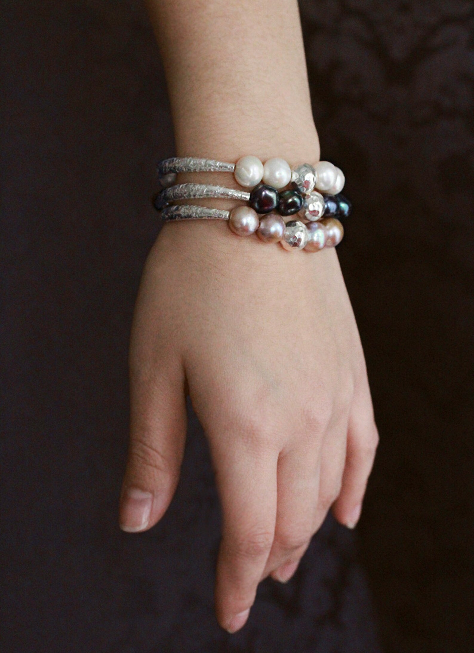 White Pearl Silver Bangle / Hammered Hill Tribe Silver / Ocean Beach ...