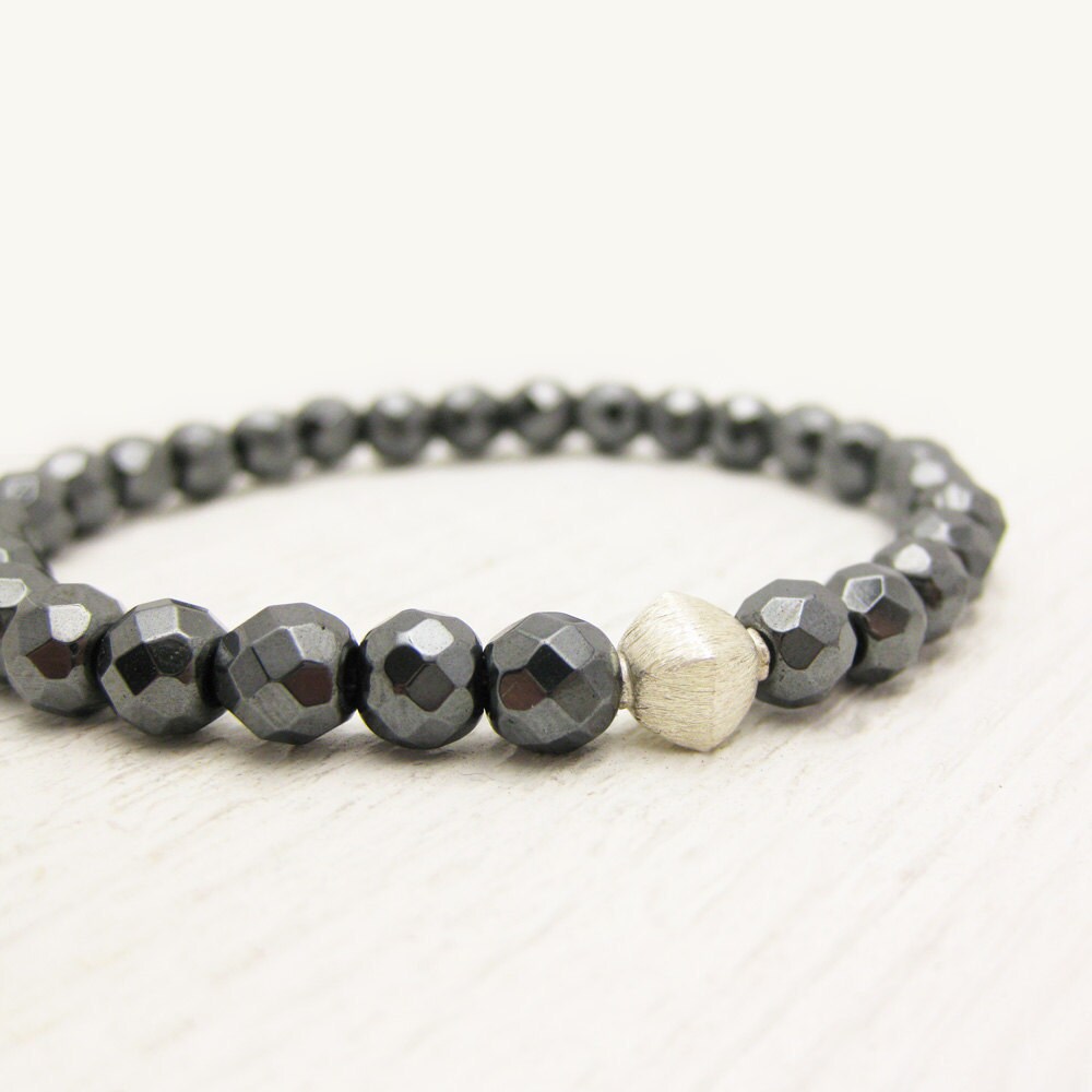 Silver Diamond Faceted Grey Hematite Bead Stacking Bracelet / Star ...