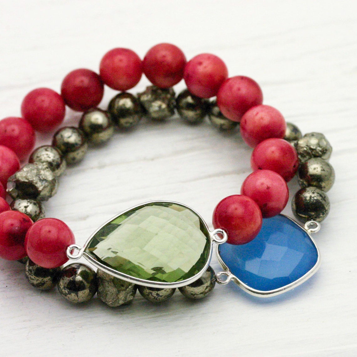 Watermelon Jade & Quartz Teardrop Statement Bracelet / Gemstone ...